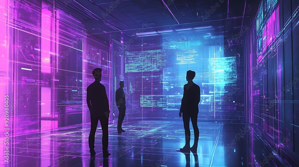 A futuristic digital event space with holographic setups and AI ...