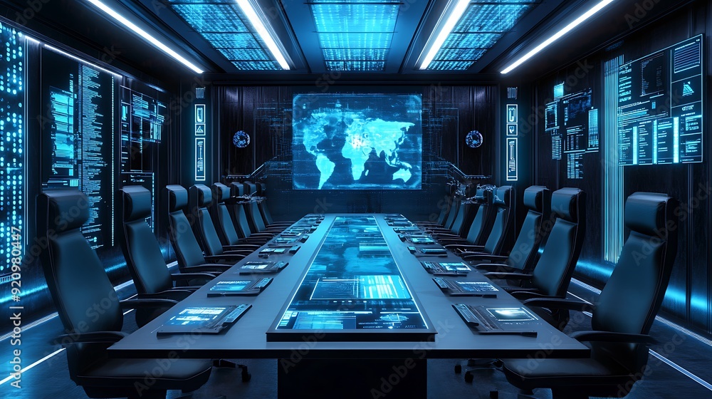 A futuristic digital event space with holographic setups and AI ...