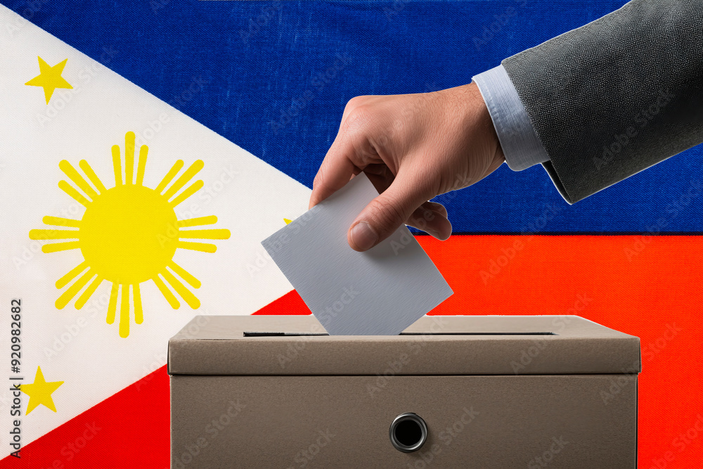 A hand holds a ballot in a ballot box against the background of the ...
