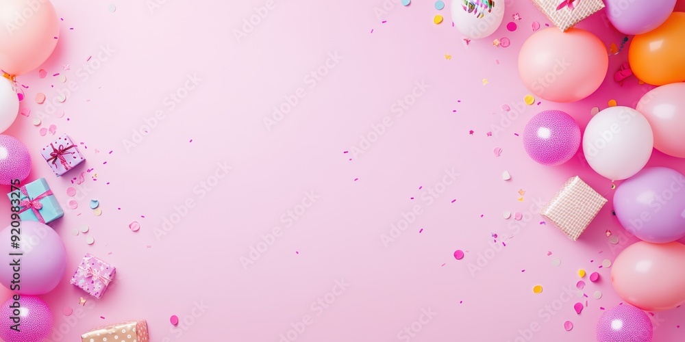 Pink birthday party background with balloons, confetti, and gift boxes ...