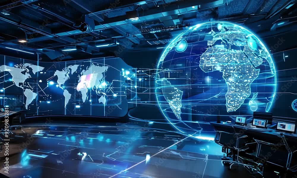 Global Network Command Center: A futuristic hub pulsates with activity ...