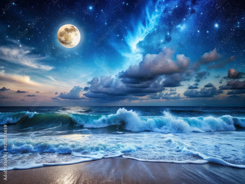 Turbulent ocean waves crash on a moonlit beach, echoing the pulsing ...