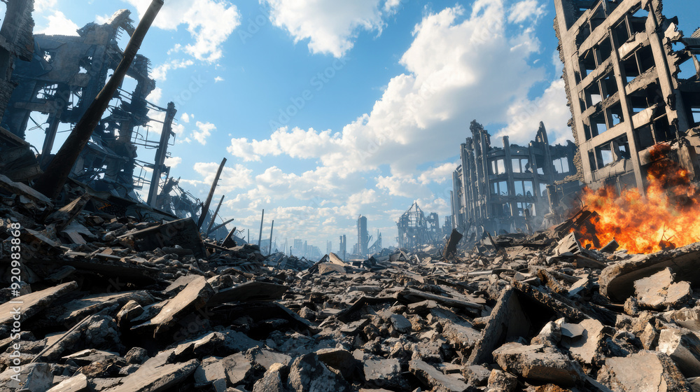 Rubble and ruins of a bombed city under a blue sky with clouds. Fire ...