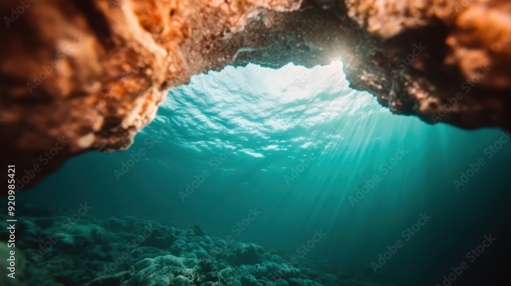 A beautiful underwater view from a cave, looking up at the ocean ...