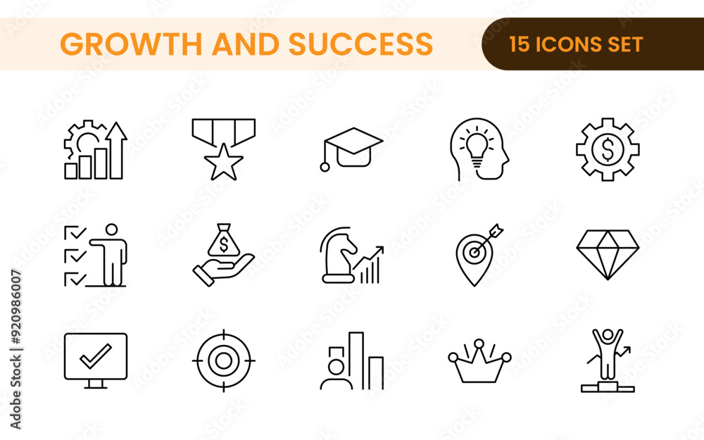 Growth and Success modern outline style icons set. Successful business ...