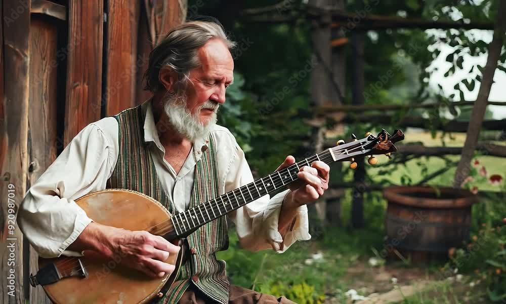 Rustic Melodies: An elderly man with a long beard strums a vintage ...