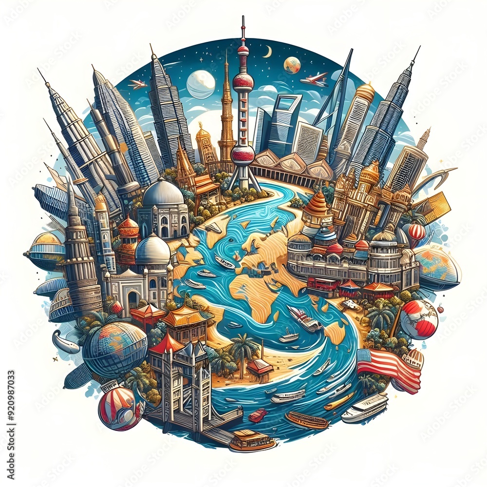 Iconic Global Landmarks Around the World in a Vibrant Circular Map ...