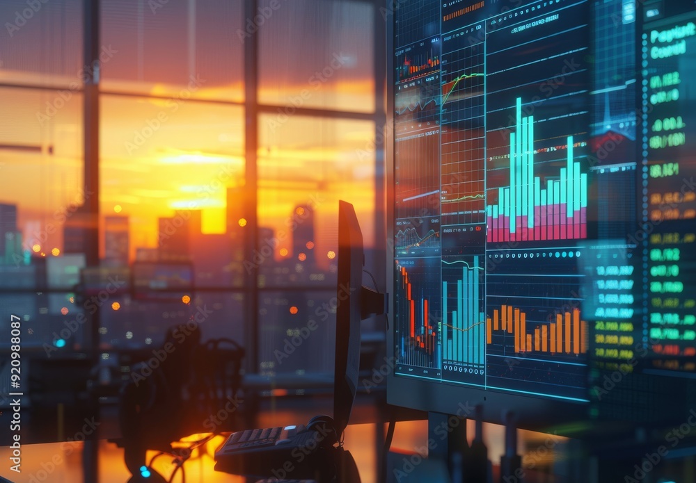 A modern office setup with multiple computer screens showcasing ...