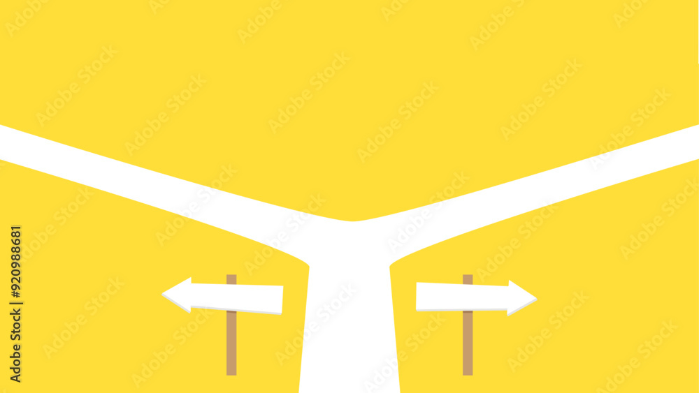 Yellow background with a white road splitting into two directions ...