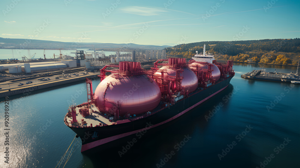 Liquified natural gas tanker with three huge storage tanks anchored in ...