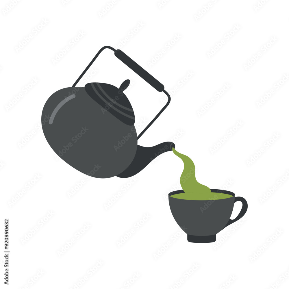 Tea pouring from a black teapot into a black cup. Matcha tea. Vector ...