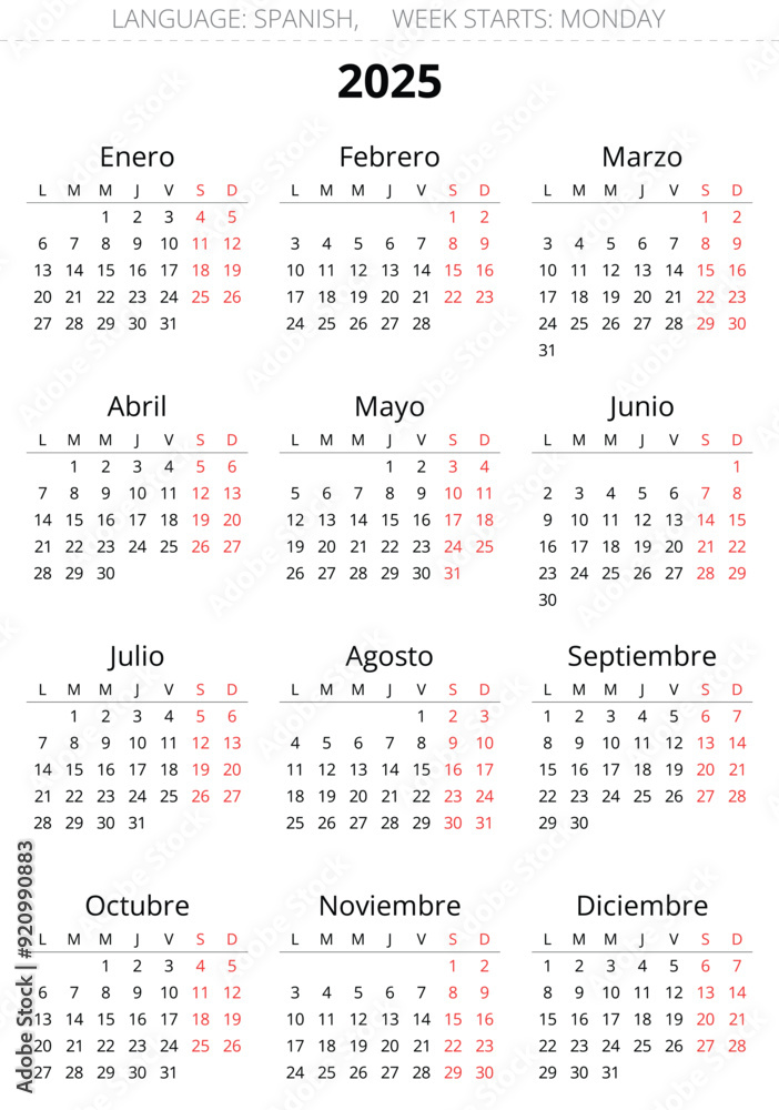 2025 vertical spanish calendars. Printable vector illustration for ...