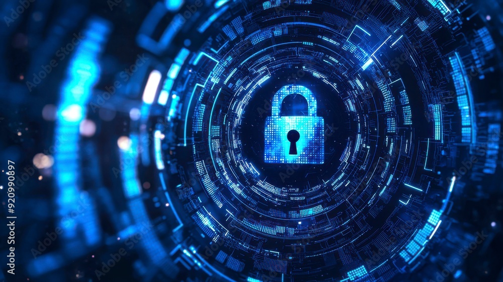 Digital background with pixelated lock and data protection symbols on a ...