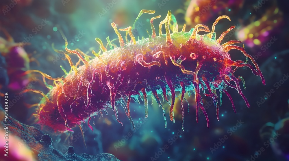 Zoomed-in Colorful Bacterial Cell with Microscopic Flagella and Pili ...
