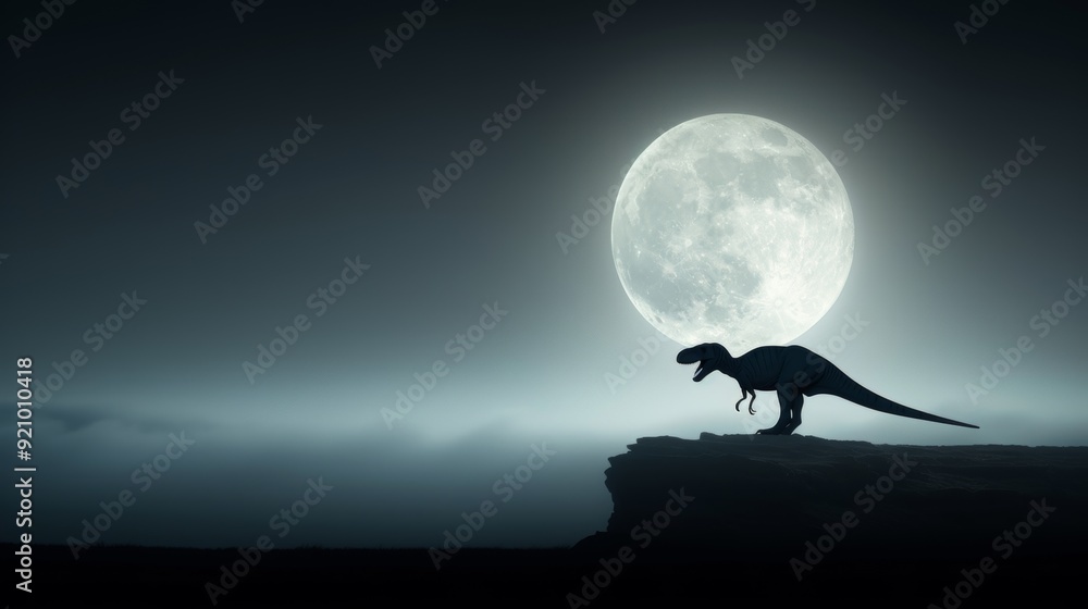 Majestic Silhouette of T Rex Against Mystical Full Moon and Aurora ...