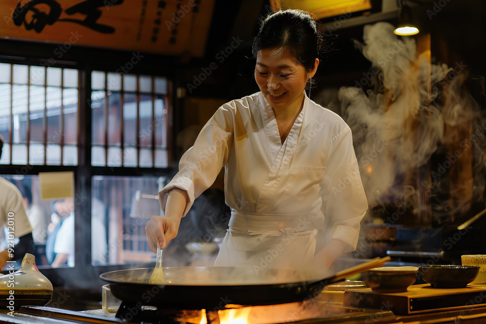 Asian female chef passionately preparing food in a traditional Japanese ...