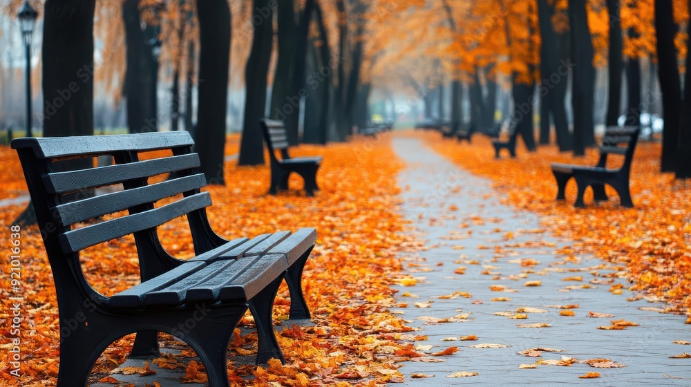 Parks Public parks with benches, pathways, and fallen leaves v2 Stock ...