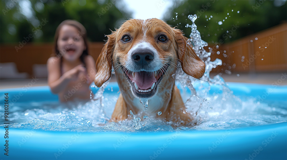 Happy dog splashing in kiddie pool with laughing child, fun summer ...