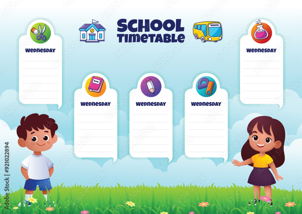 Cartoon school timetable, two kids with beautiful nature landscape ...