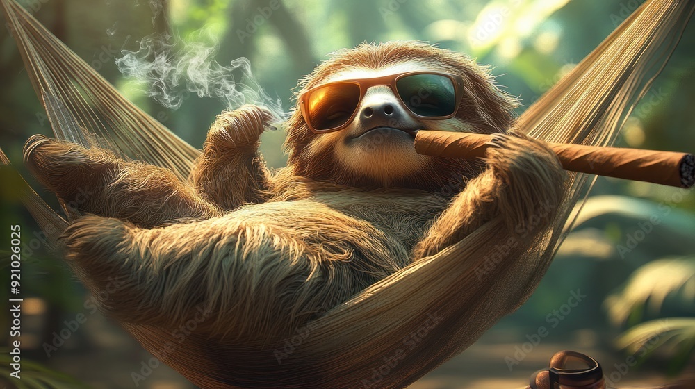 Sloth lounging on a hammock, smoking a cigar, calm, relaxing, shaded ...
