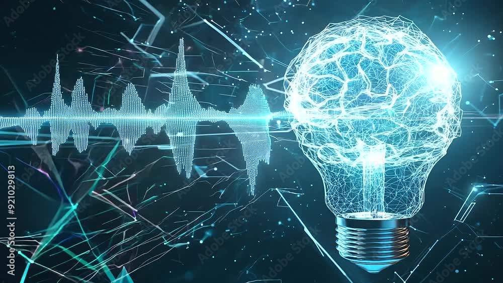 Digital blue light bulb, brain and gear icons on a hexagonal shape ...