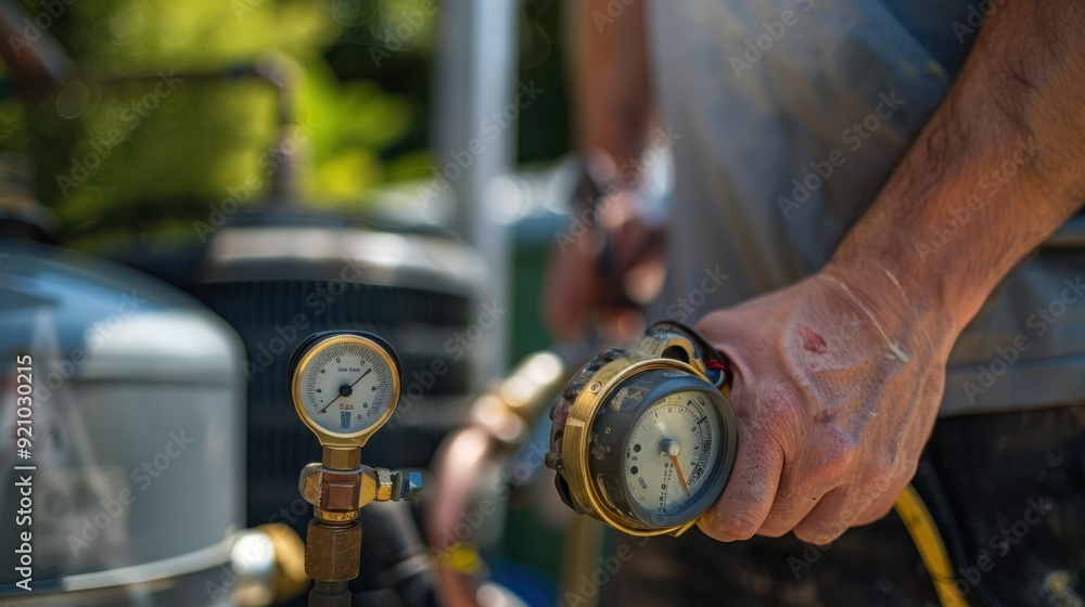 Checking Refrigerant Pressure - The repairman wore a gray T-shirt and ...