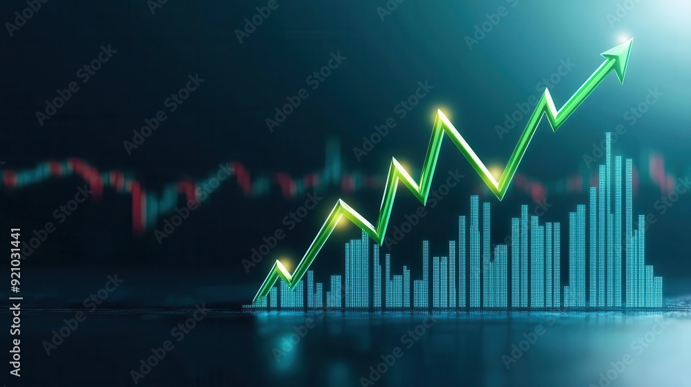 Bullish stock indicators with green upward arrows, digital charts, MACD ...