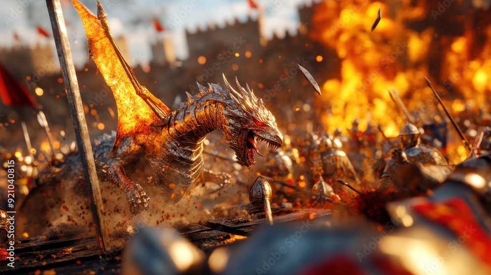 Epic Medieval Fantasy Battle of Knights, Dragons, and Magic Spells in ...