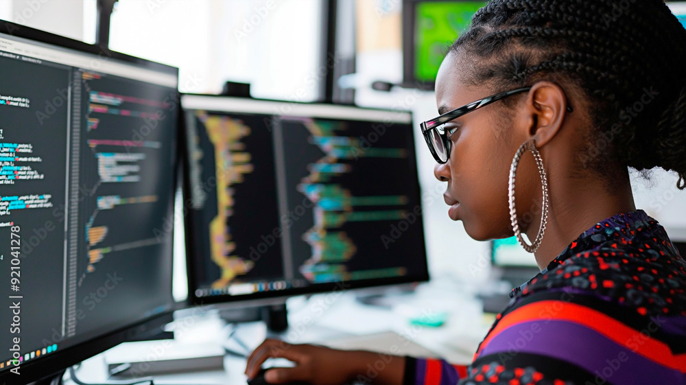 Female African American Coder working on project with dual monitor ...