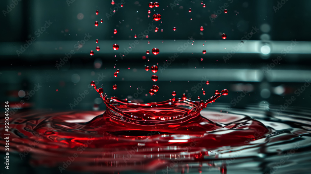 A splash of red water is captured in a photo. The water droplets are ...