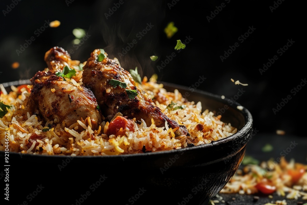 indian chicken biryani, Spicy chicken biryani food photography, flying ...