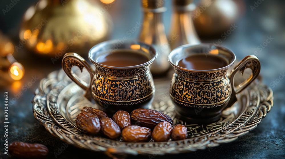 Traditional Arabic coffee, Arabic coffee cups, dates in traditional ...
