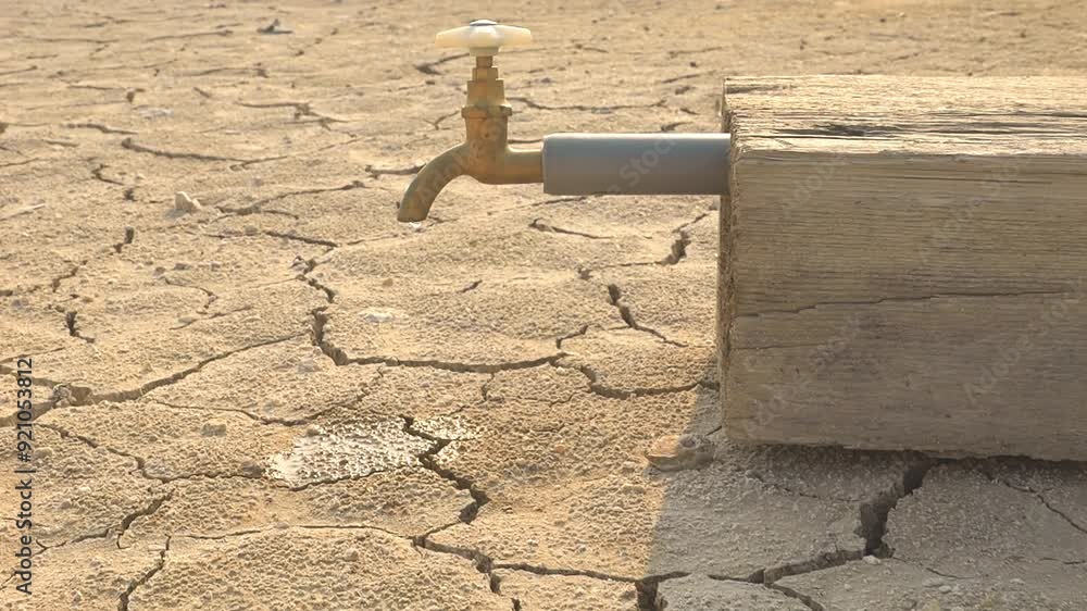 Drought and Water Scarcity. a leaking faucet on dry, cracked soil ...