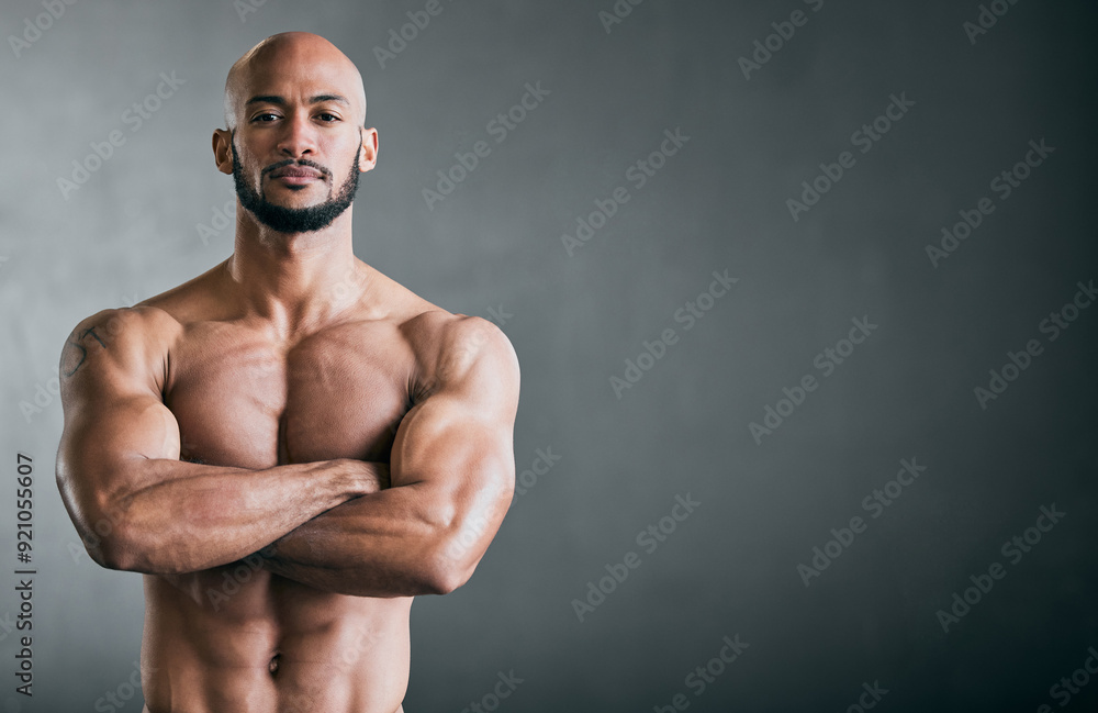 Black man, portrait and fitness with professional on mockup for workout ...
