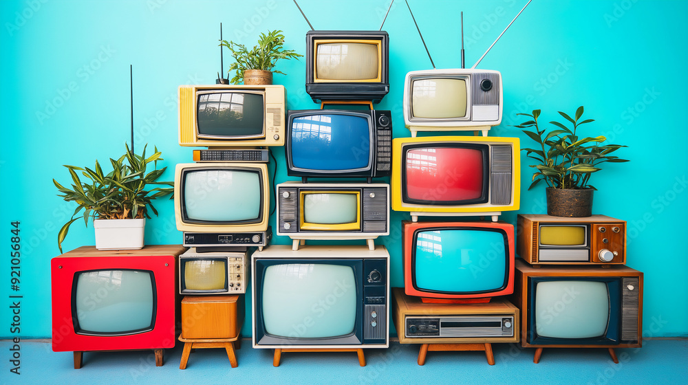 retro tv sets stacked on top of each other with vintage antennas, and ...