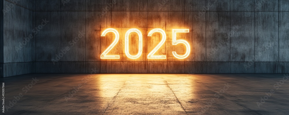 Illuminated numbers 2025 on concrete wall background, symbolizing the ...