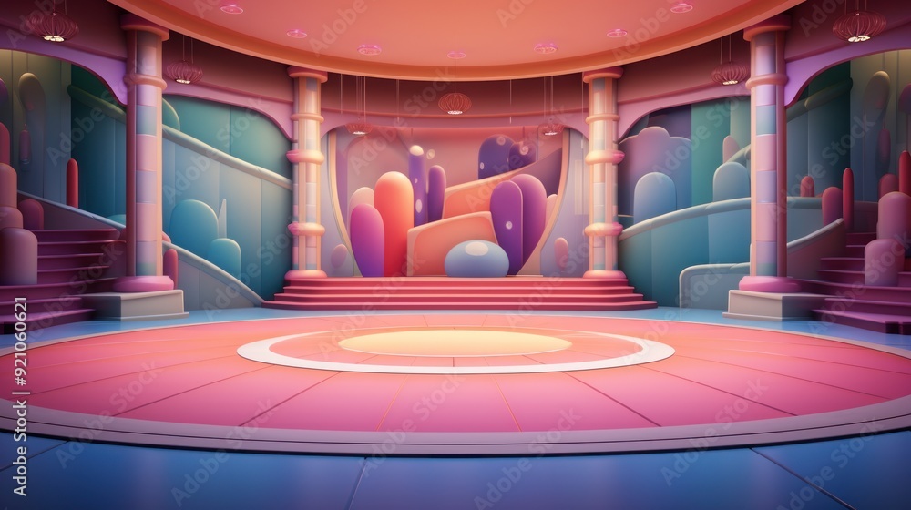 Colorful abstract stage with a round stage, pink floor, stairs and ...