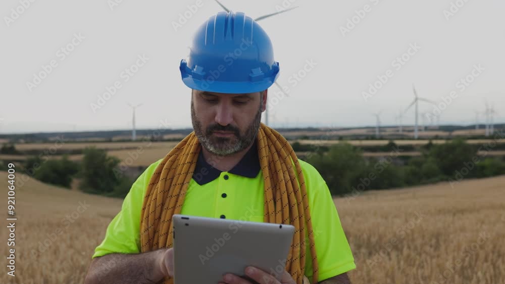 Male engineer windmill wearing uniform and helmet using tablet ...