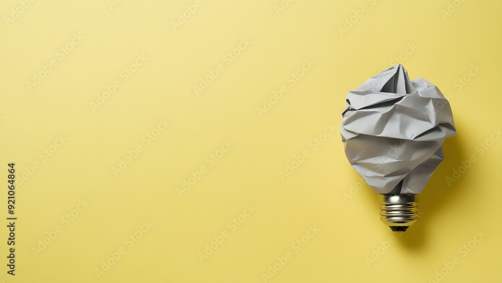Abstract crumpled paper bulb on empty yellow background with copy space ...