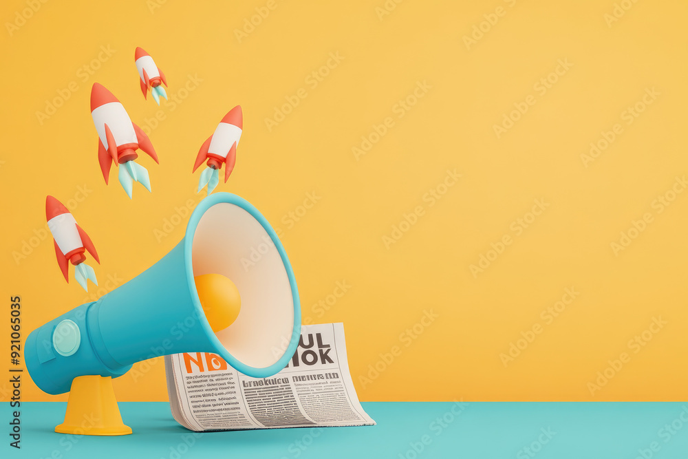 Launch Announcement, a vibrant scene showing a megaphone beside a ...
