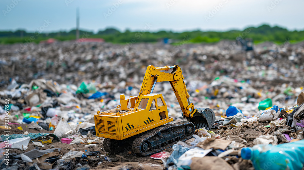 Toy excavator in vast landfill symbolizes insufficient recycling ...