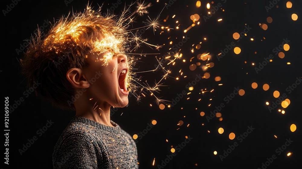 Child crying in fear as electrical sparks dance around, a moment of ...