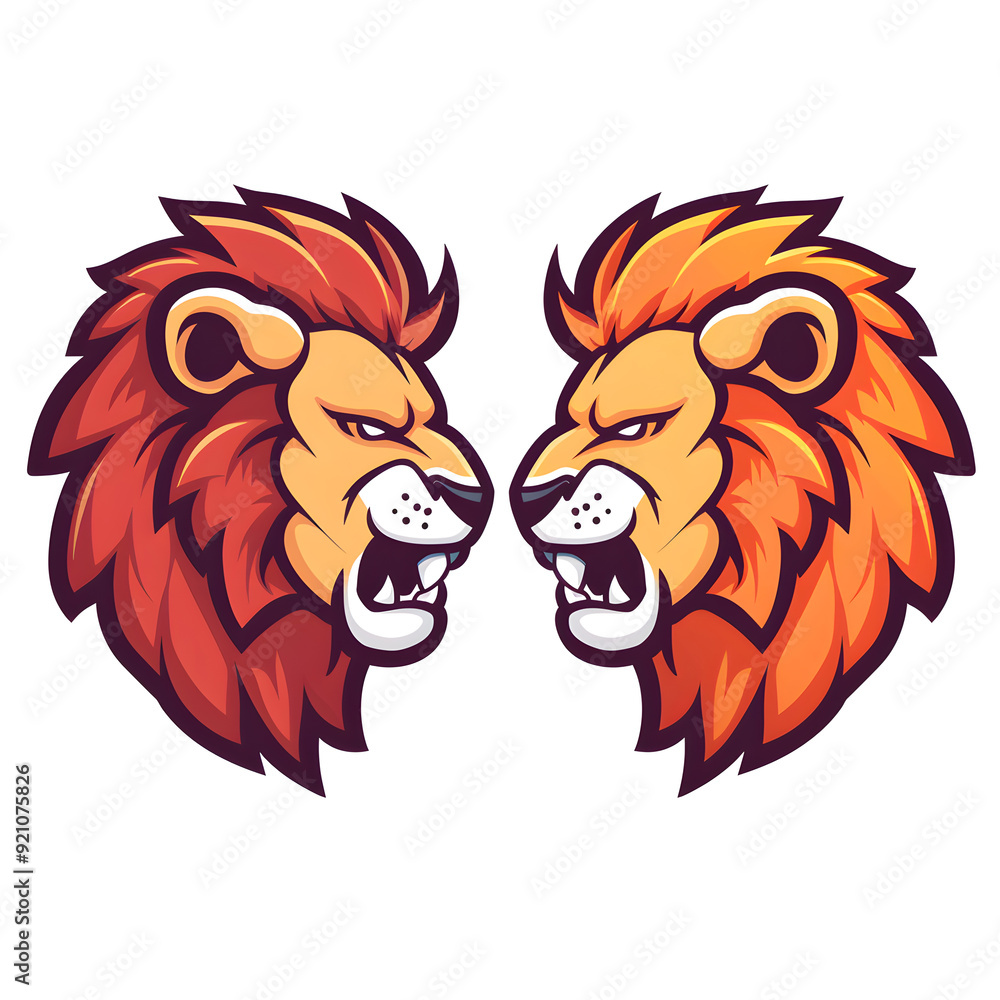 Two lions are shown in a stylized illustration, each with a fierce gaze ...