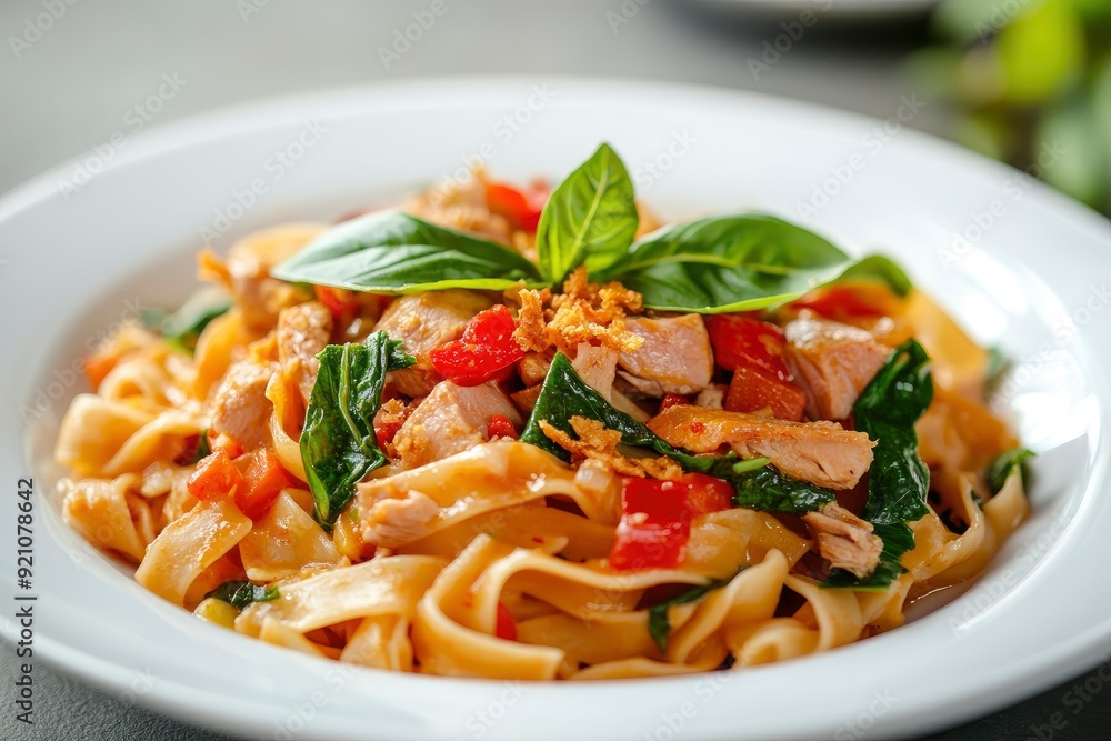 Stir fried trivelle pasta with Canned tuna fish and crispy basil leaves ...