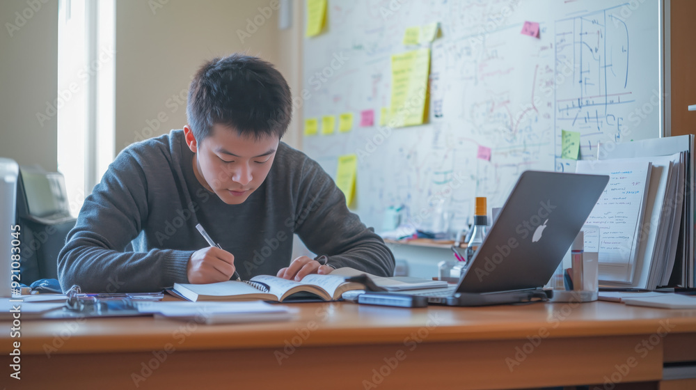 A PhD student studying at his desk focusing on writing his research ...