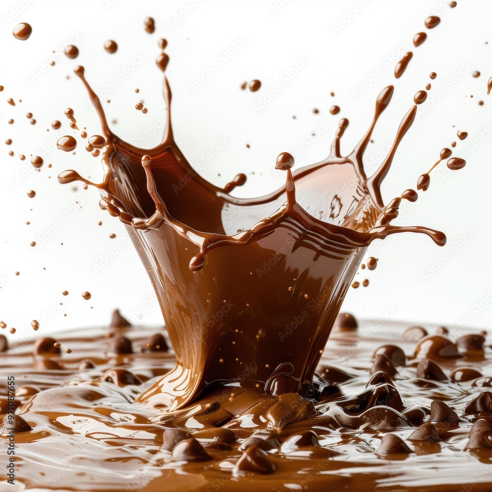A dynamic splash of liquid chocolate caught mid-air with droplets ...