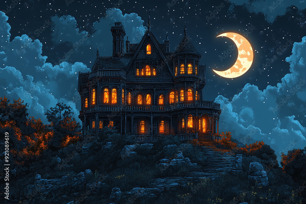Illustration of a haunted Victorian mansion on a hill with glowing ...