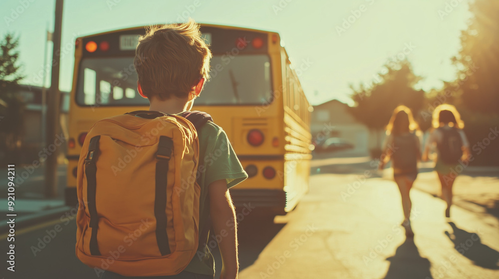 Kids walking to school bus in morning. Kids getting ready for school ...