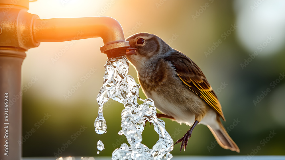 Thirsty bird drinking water from tap, sunny background. Generative AI ...