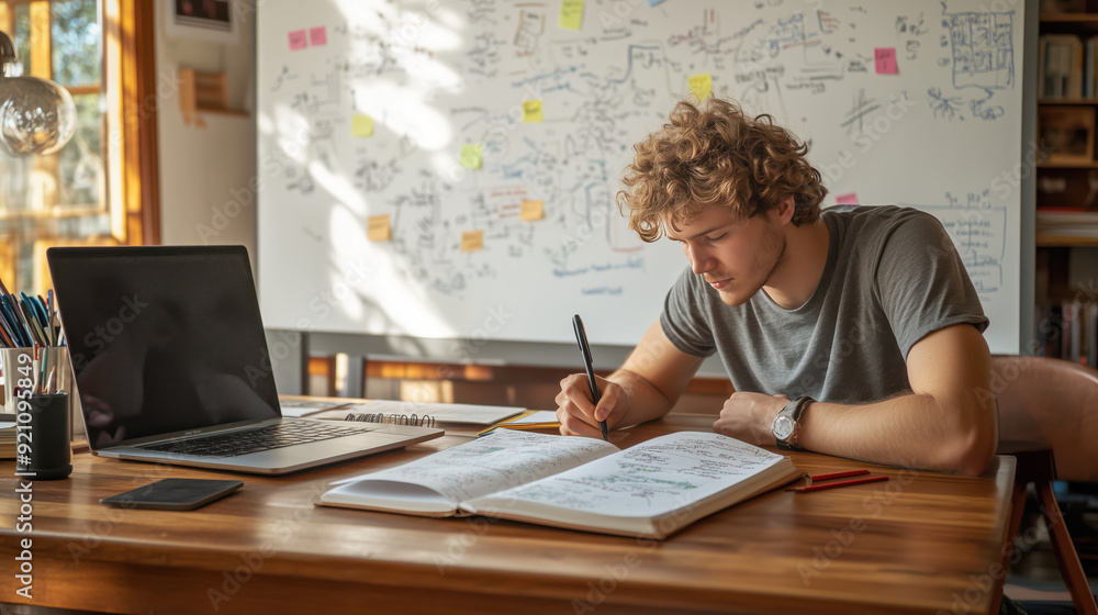 A PhD student studying at his desk focusing on writing his research ...